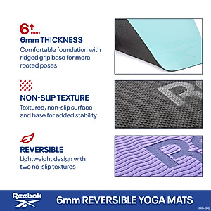 Reebok Double-Sided Yoga Mat - Lightweight, Compact, Rollable, and Cushioned Supportive Workout Mat for Yoga, Pilates, and General Exercise - Non Slip Base with Reversible Design - 6mm, Purple