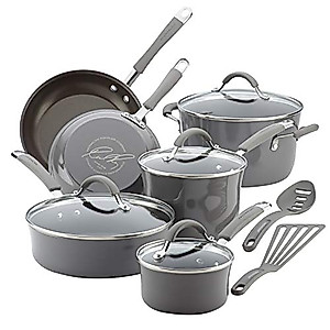 Rachael Ray - 16802 Rachael Ray Cucina Nonstick Cookware Pots and Pans Set, 12 Piece, Sea Salt Gray