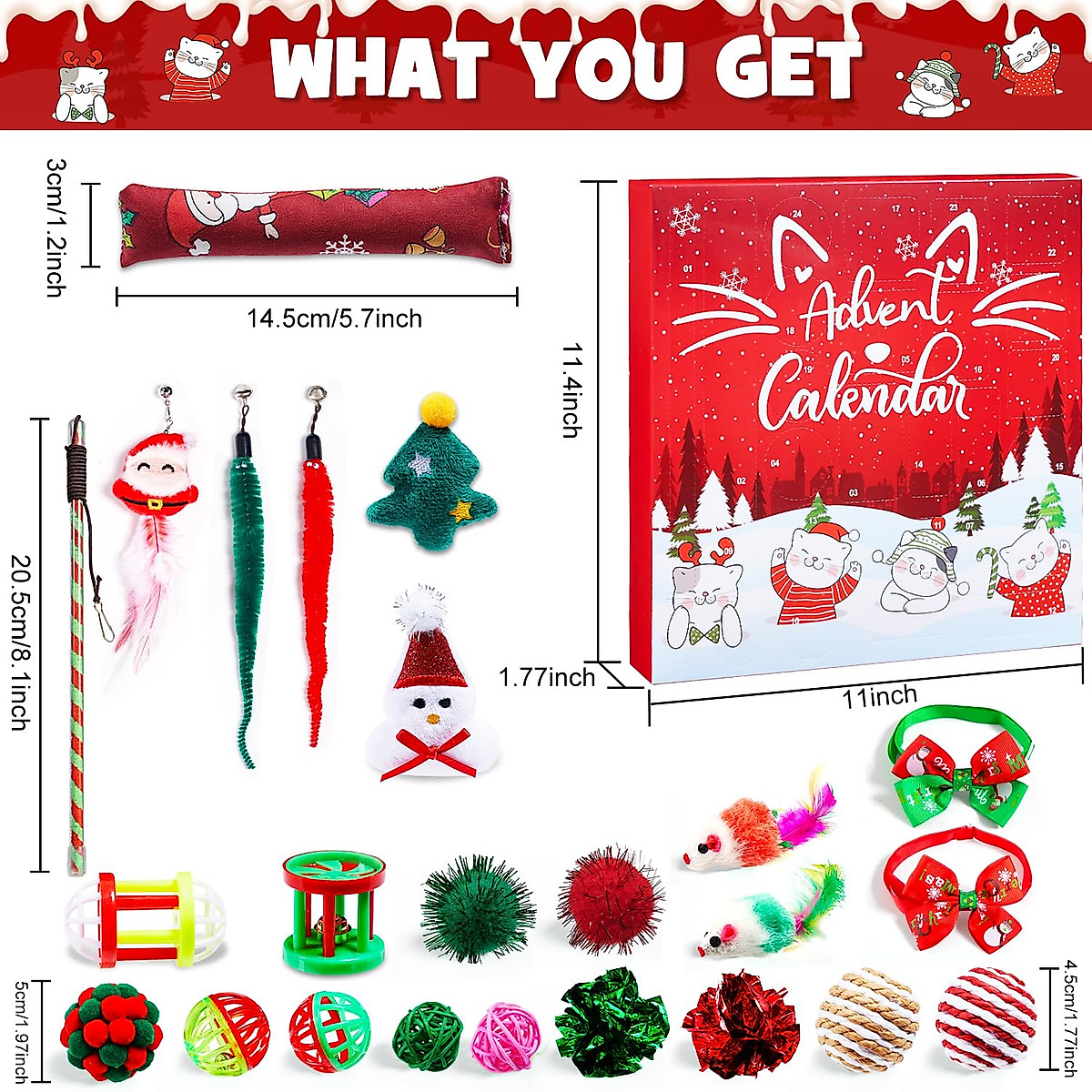 Cat Advent Calendar 2024, Christmas Countdown Calendar for Kitten with 24pcs Assorted Cat Christmas Toys Variety Pack Kitten Interactive Play Xmas Gifts