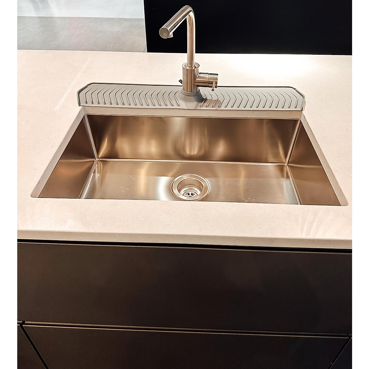 30 inch XXL long sink splash guard, sloped for water runoff, heavy duty adjustable fit splash guard, kitchen sink mat, faucet handle drip catcher, water counter protector, faucet draining mat