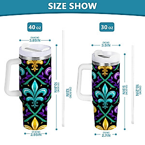 KEEPREAL 30 oz Mardi Gras Tumbler with Handle, Insulated Sports Water Bottle with Lid and Straw, Thermal Stainless Steel Travel Coffee Mug Cup #330