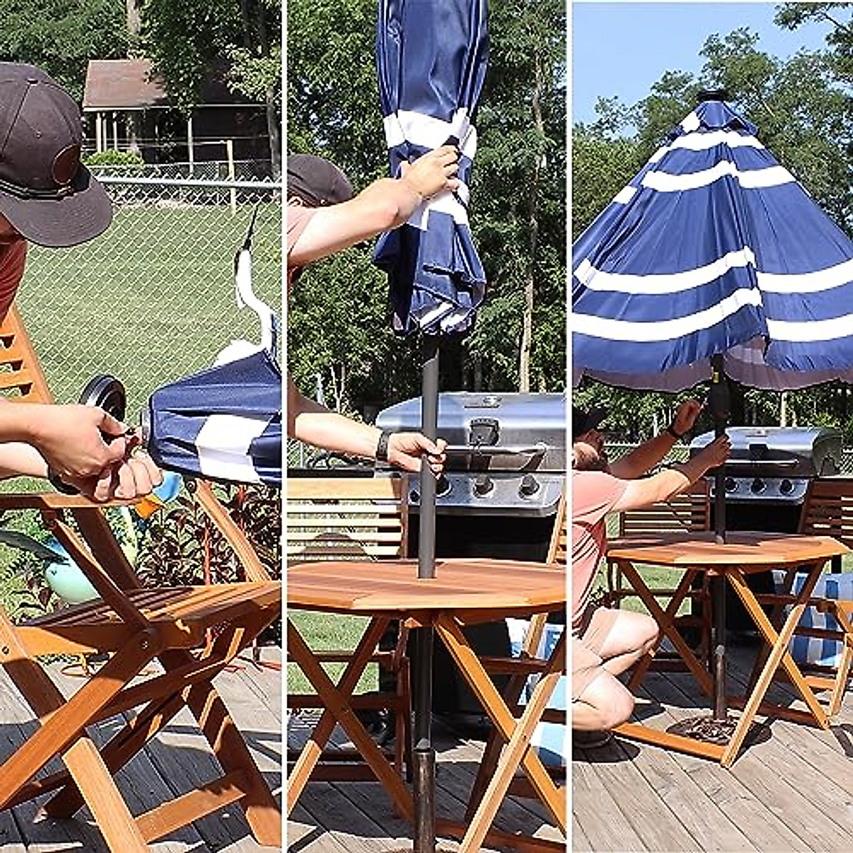 Sunnydaze 9 Foot Outdoor Patio Umbrella with Solar Lights & Tilt/Crank, LED, Navy Blue Stripe