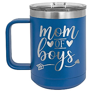 MOM OF BOYS Blue 15 oz Coffee Cup w/Slide Top Lid | Insulated Travel Coffee Mug | Unique Gift Ideas From Women or Men | Compare Price To Yeti Rambler