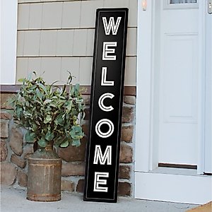 My Word! Welcome Black w/White Word Welcome Sign and porch leaner for Front Door, Porch, Yard, Deck, Patio, or Wall - Indoor Outdoor Decorative Farmhouse Rustic Vertical Home Decor – 8”x46.5”