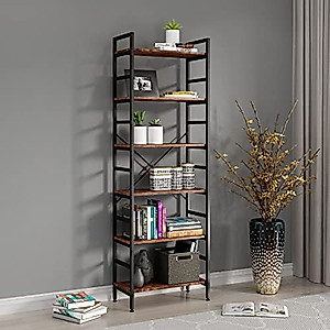 MIOCASA 6 Tier Bookshelf, Adjustable Industrial Bookshelves Organizer, Rustic Wood and Metal Standing Shelving Unit Storage, Tall Display for Living Room, Bedroom and Office