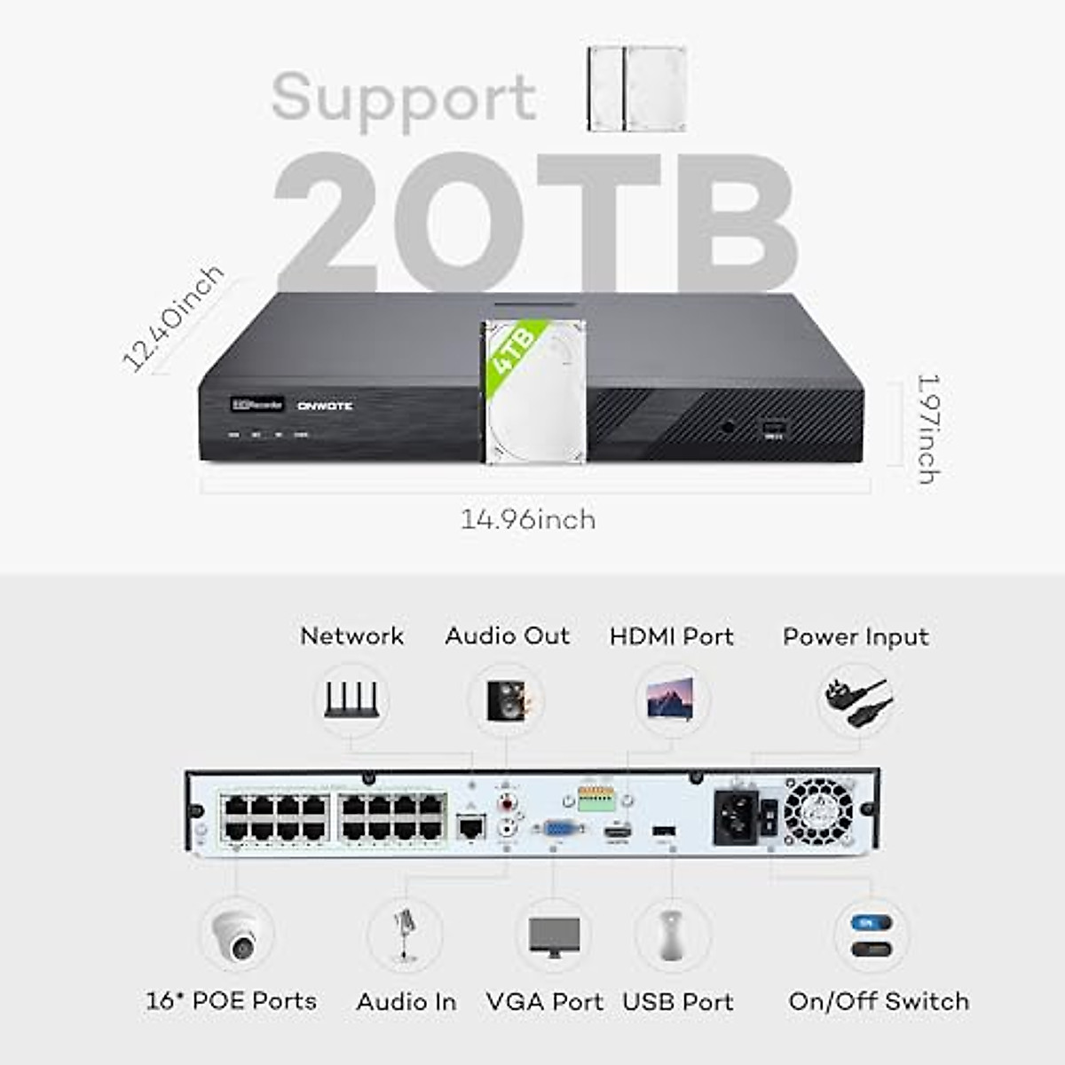 ONWOTE Wired 4K Security Camera System PoE 16 Channel 4TB, AI-Human-Vehicle-Detection, 128° Wide Angle, 8 * 8MP Outdoor Commercial IP Cameras with Audio, 16CH 4K NVR CCTV Surveillance for Businesses