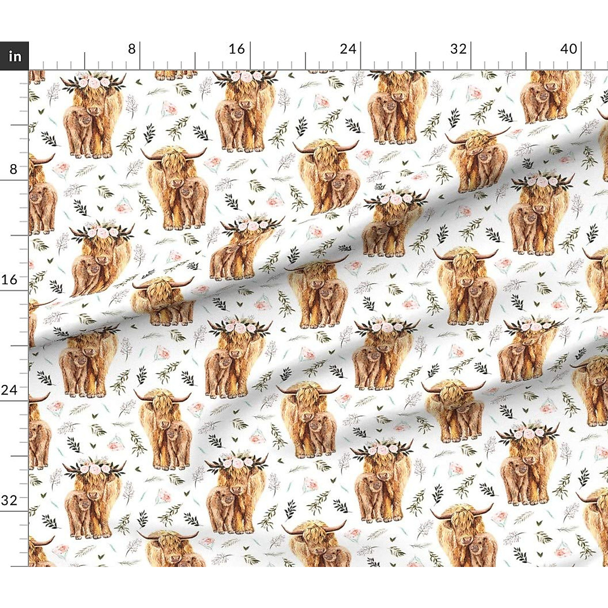 Spoonflower Fabric - Pink Spring Highland Cow Floral Calf Scottish Printed on Petal Signature Cotton Fabric Fat Quarter - Sewing Quilting Apparel Crafts Decor