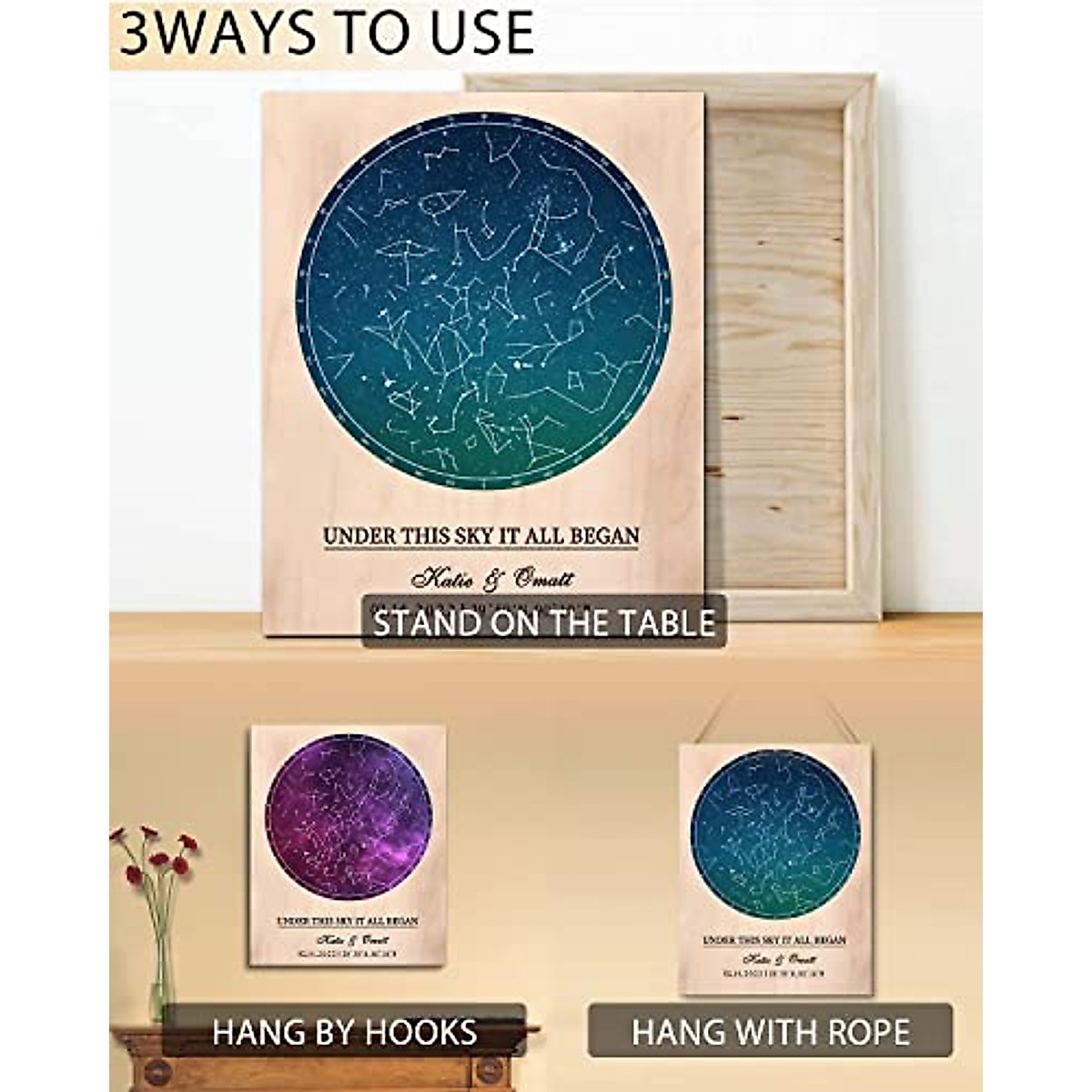 Bohva Gifts for Boyfriend Anniversary Wedding Gift for Him, Valentines Couples Engagement Birthday Gift for Husband, Personalized Gift for Men, Custom Star Map the Night Sky Print On Wood