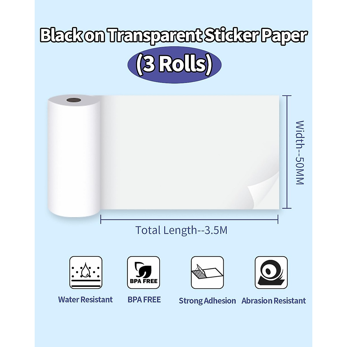 Phomemo Thermal Paper Transparent for M02 M03 M04 Series Mini Printer, M02 Printer Paper, Thermal Adhesive Sticker Paper for Note, Label, Picture, 50mm x 3.5mm, 3-Rolls