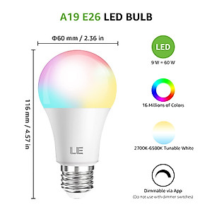 LE Color Changing Light Bulbs, Bluetooth Smart LED Bulb, Dimmable via App, 60 Watt Equivalent, 2700K-6500K Tunable White, A19 E26 RGB Bulb for Bedroom Home Party and More, 2 Pack