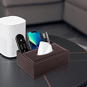 PU Leather Rectangular Tissue Box Cover - Multifunctional Tissue Box Holder with Stationery Remote Control Box, Decorative Tissue Pen Remote Organizer for Home/Office/Restaurant (Brown)