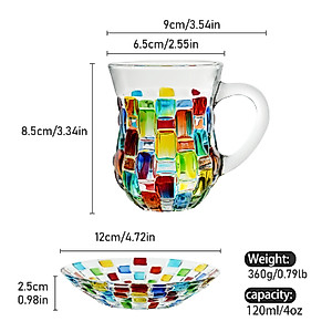 StarLuckINT Unique glass teacups, 4 oz glass espresso cups and saucers, hand-painted stained cups, set of 2, dishwasher microwave safe, for Lungo, Moka, Americano and small hot drinks (warm colors)