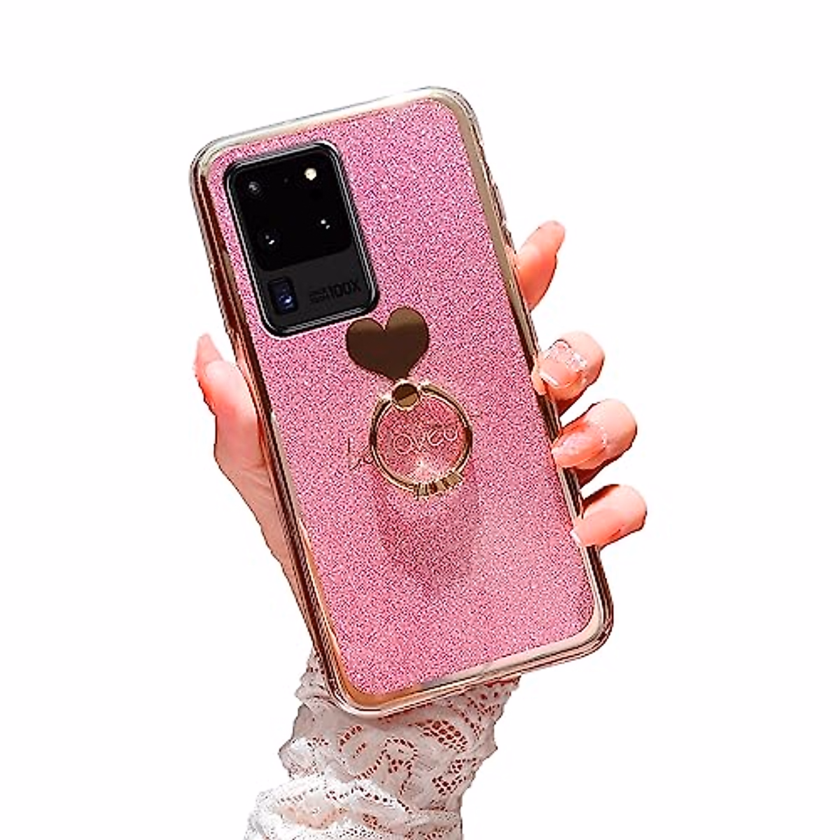 Easyscen Case for Samsung Galaxy S20 Ultra (6.9-inch) Girls Women Cute Luxury Glitter Shiny Sparkly Shell with Ring Stand Heart Slim Soft Shockproof Protective Phone Cover for Galaxy S20 Ultra - Pink