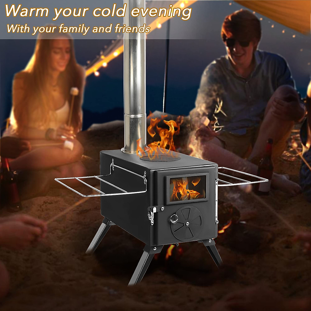 UNDUSLUY Outdoor Portable Wood Burning Stove, Heating Burner Stove for Tent,Camping, Ice-fishing, Cookout, Hiking, Travel, Includes Pipe Tent Stove+Tent Stove Jack