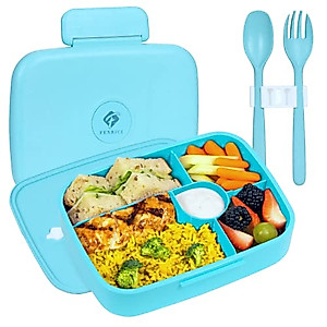 Fenrici Bento Lunch Box For Kids 5 Leakproof Compartments, Microwave and Dishwasher Safe, BPA Free, Food Safe, 60% Wheat Straw, Cool Blue