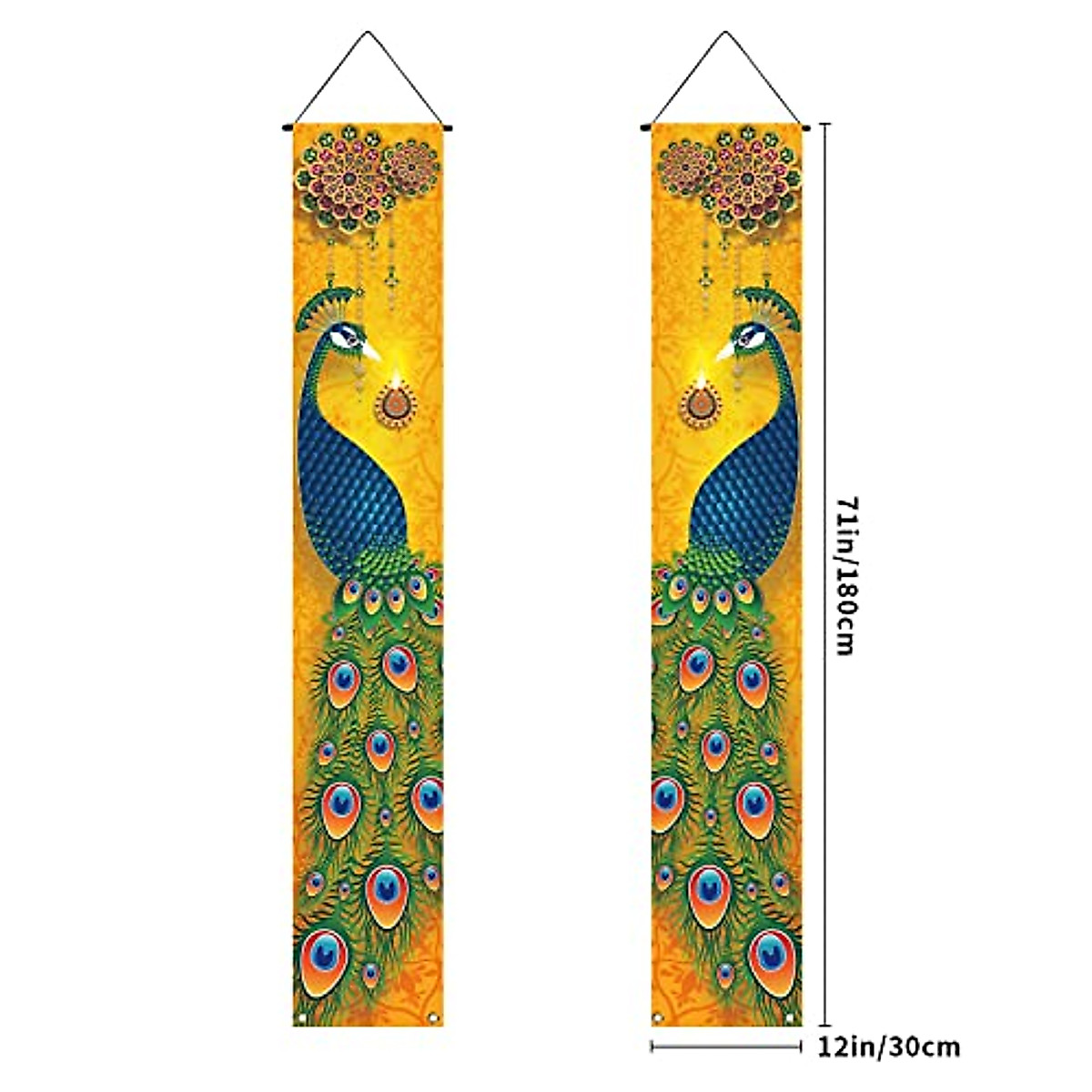 Happy Diwali Porch Banner Indian Diwali Peacock Front Porch Welcome Sign Deepawali Indian Festival of Lights Decorations-12×71''