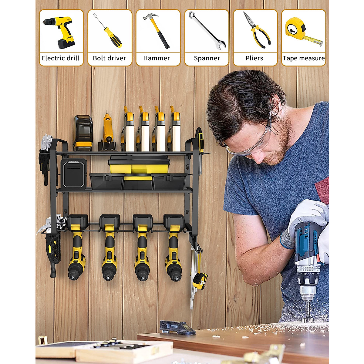Affogato Power Tool Organizer, 3 Layers Drill Holder Wall Mount, Power Tool Organizer Wall Mount, Power Tool Holder Garage Tool Rack with 4 Side Tool Rack
