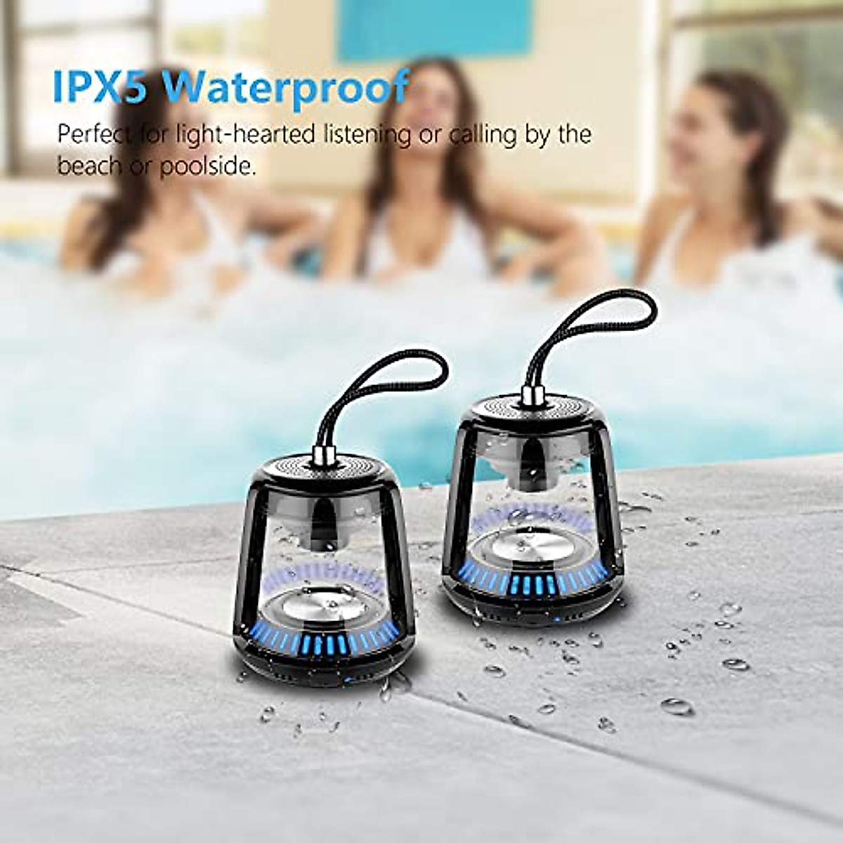 MEGATEK Dual Waterproof Portable Bluetooth Speakers, TWS Wireless Stereo Pairing, Cool LED Lights, 10 Watts Loud 360° HD Sound & Rich Bass, Small Speaker Set for Outdoor, Shower, & Pool (2-Pack)