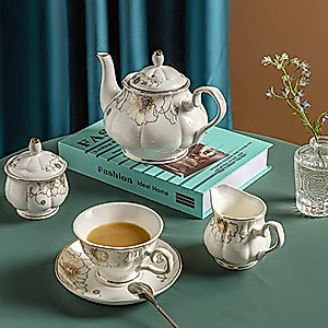 Tea Set 22-Piece Porcelain Ceramic Coffee Tea Gift Sets Cups Saucer Service for 6 Teapot Sugar Bowl Creamer Pitcher and Teaspoons (Chrysanthemum)