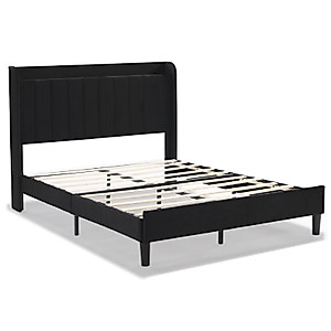 VINGLI Upholstered Platform Bed Queen Panel Bed Frame with Headboard, Wingback Storage Bed Queen with Charging Station, Velvet Black