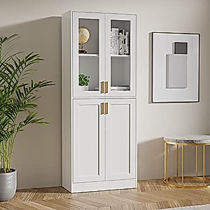 Cozy Castle China Cabinet For Office Storage, Pantry with Acrylic Glass Doors and Adjustable Shelves, 70" Tall Display Bookcase, White