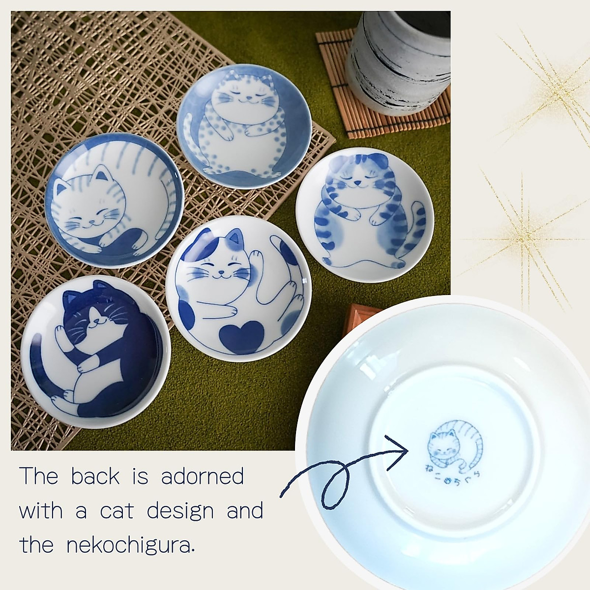LOVE LOVE JAPAN: 5 Piece Set of Microwave & Dishwasher Safe Cat Design Small Plates - Perfect for Sushi & Desserts, Set of 5, Sprawled Cat