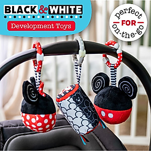 KIDS PREFERRED Disney Baby Mikcey Mouse and Minnie Mouse 3 Pack Hanging Toys, Black and White High Crinkle Plush, Boys and Girls Ages 0+, Stroller On The Go Clip, Teether, Chime Toy (81261)