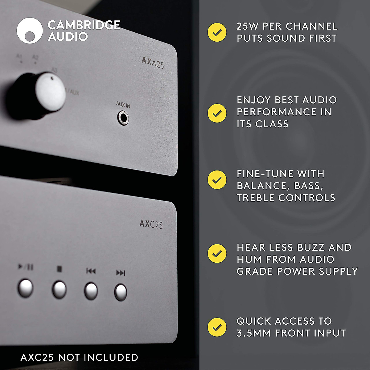 Cambridge Audio AXA25-25 Watt Separate Integrated Stereo Amplifier HiFi System Featuring Tone and Balance Control with Front Aux Input - Lunar Grey