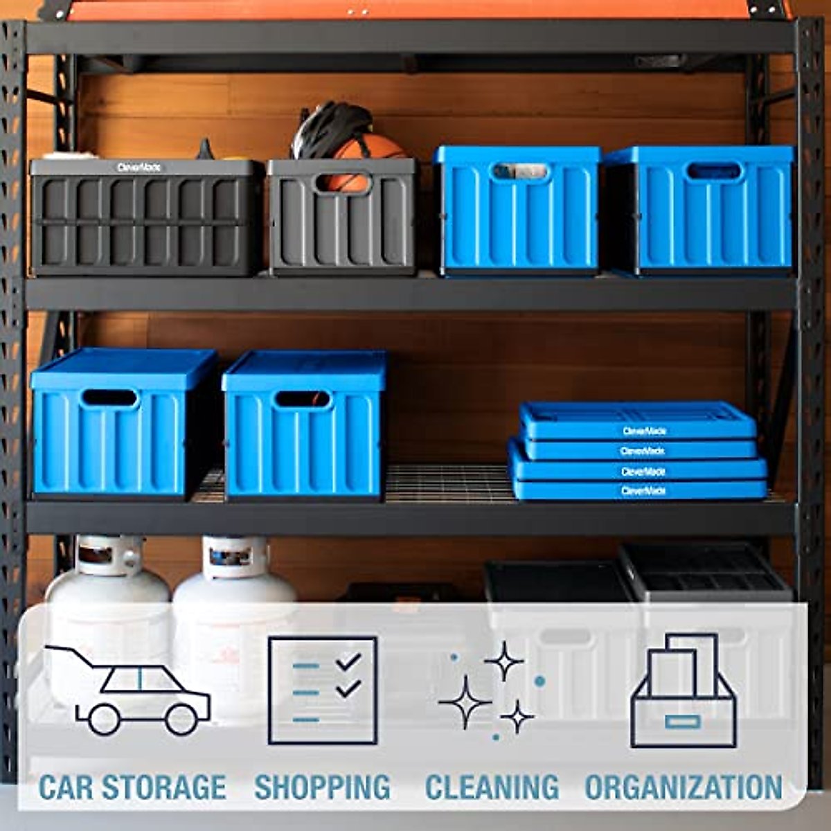 CleverMade 62L Collapsible Storage Bins with Lids - Folding Plastic Stackable Utility Crates, Solid Wall CleverCrates, 3 Pack, Charcoal (8034119-1533PK)