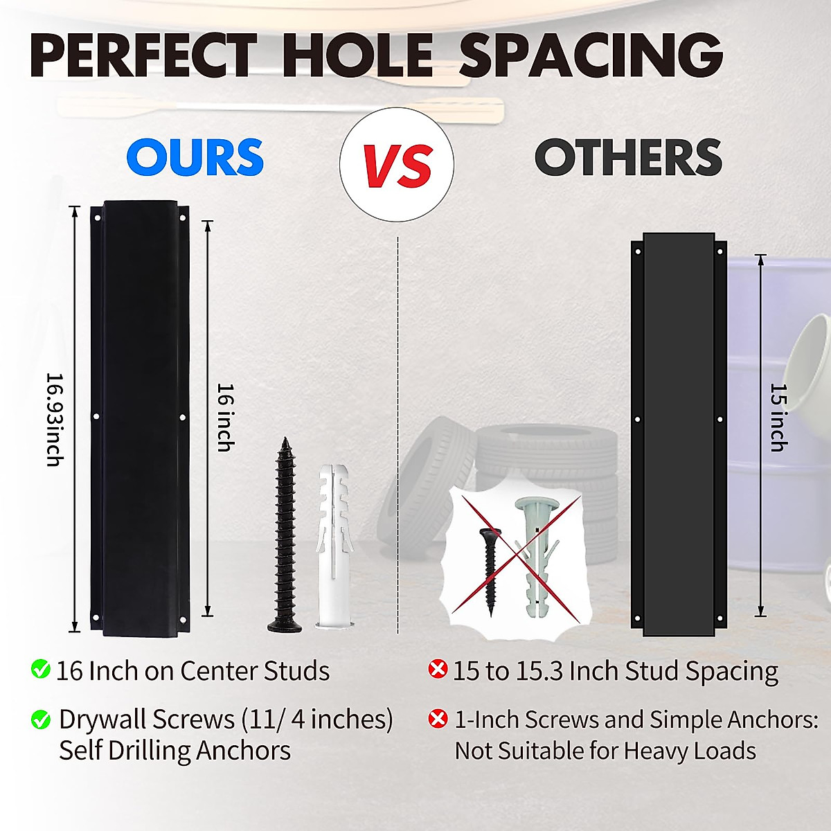 QualsValor Garage Organization, 48 Inch Garden Tool Organizer Max Load 525 lb, Garage Tool Organizer Wall Mount with 7 Organization Hooks and Bike Hooks, Updated 16 Inch Studs Spacing