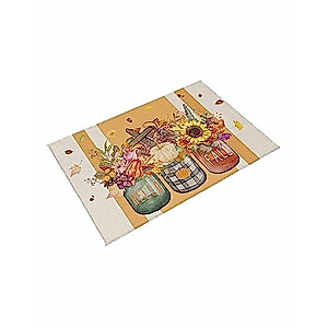 Hello Fall Outdoor Rug for Patio/Deck/Porch, Non-Slip Area Rug 6x9 Ft, Thanksgiving Pumpkin Floral Maple Leaf Yellow Beige Striped Indoor Outdoor Rugs Washable Area Rugs, Reversible Camping Rug Carpet