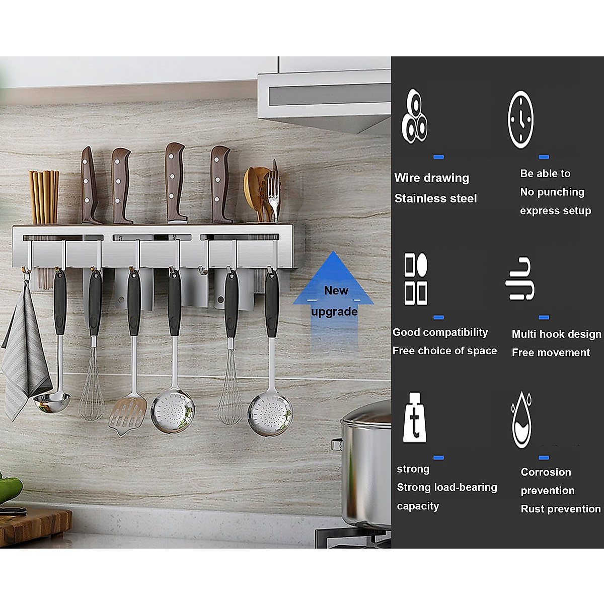 Knife Holder, Stainless Steel Knife Holder with 8 Hooks, No Punching kitchen Wall Mounted Multifunctional Chopsticks & Knife Holder for Storing Chopsticks, Knives & Rags in Home/Hotel