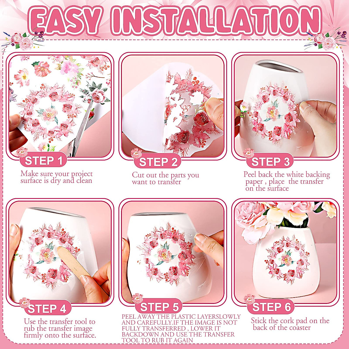 24 Sheets Rub on Transfers Flower Decor Stickers PET Iron on Transfers Plant Stickers Waterproof Vinyl Decals for Furniture Scrapbooking Diary Journals DIY Arts and Crafts Spring Decor (Floral)