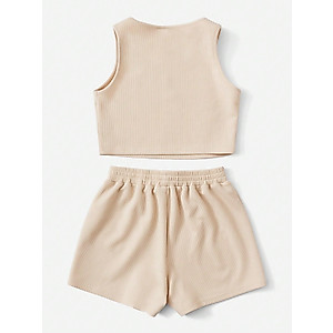 Verdusa Girl's 2 Piece Tracksuit Sets Workout Crop Tank Top and Short Sets Beige 11-12Y