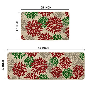 Artoid Mode Red Green Dahlia Floral Boho Christmas Kitchen Mats Set of 2, Winter Home Decor Low-Profile Kitchen Rugs for Floor - 17x29 and 17x47 Inch