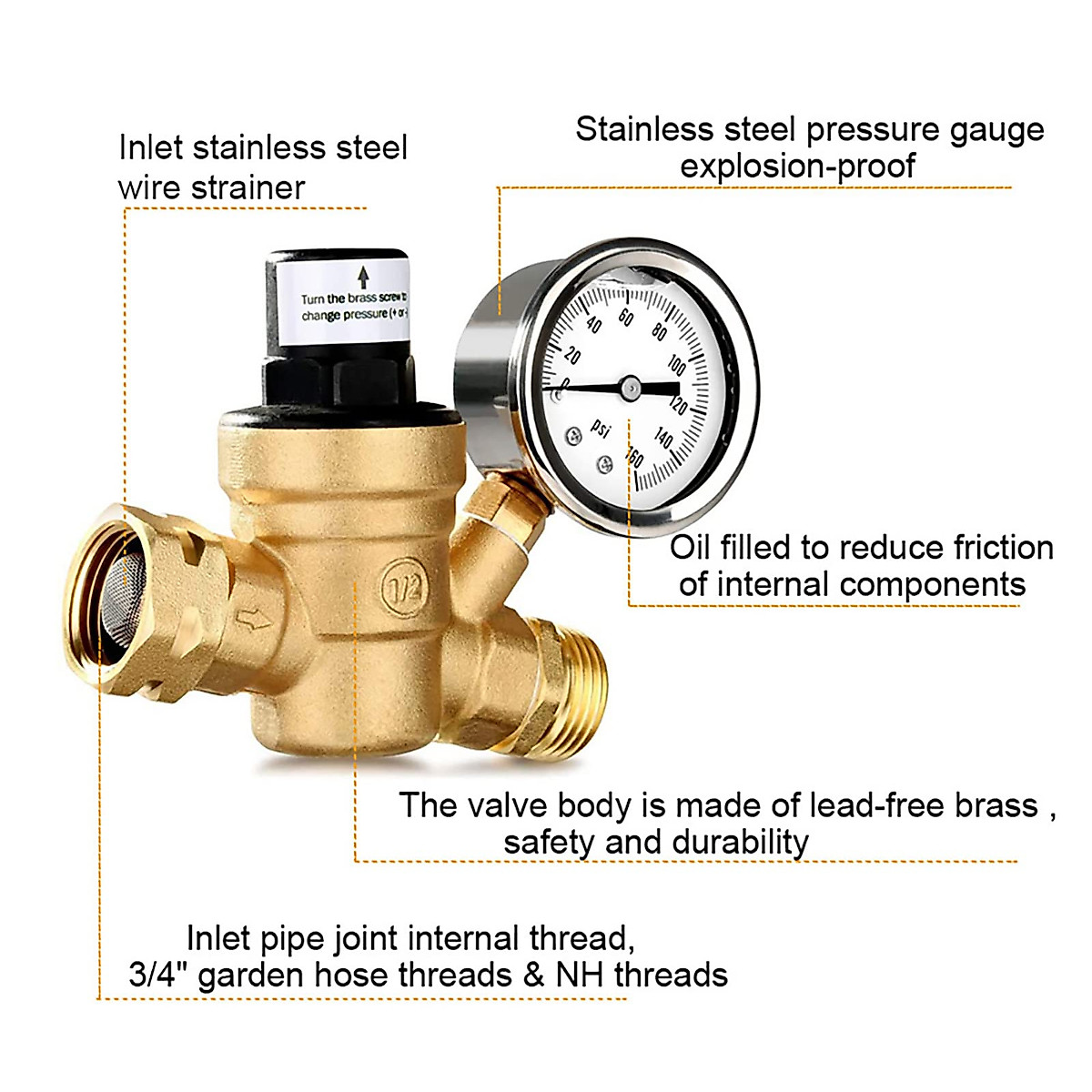 RV Water Pressure Regulator,Water Pressure Regulator for RV Camper Adjustable,RV Water Pressure Regulator with Gauge 160psi,Adjustable Water Pressure Regulator for RV Camper Travel Trailer