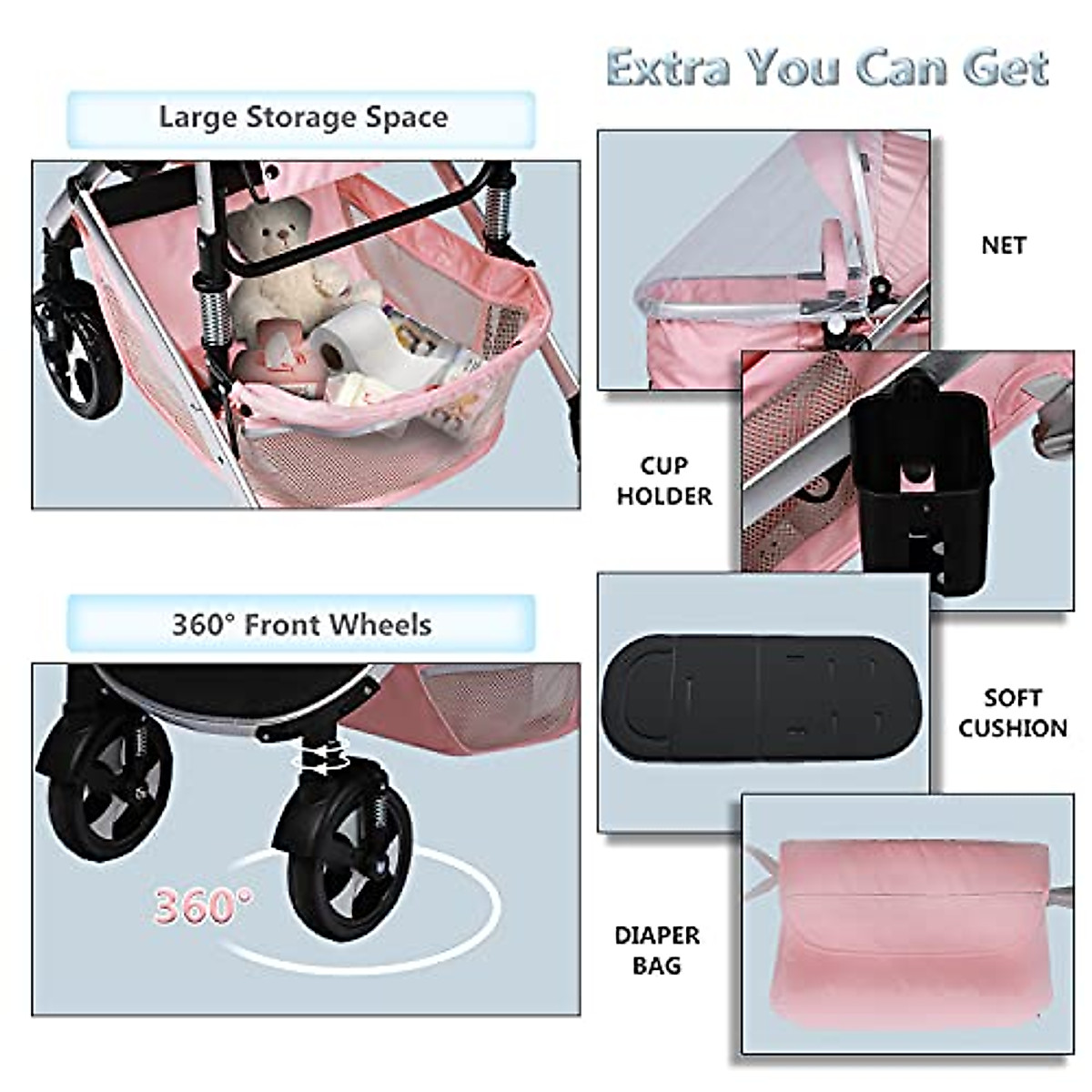 Kinder King 2 in 1 Convertible Baby Stroller, Folding High Landscape Infant Carriage, Newborn Reversible Bassinet Pram, Adjustable Canopy, Diaper Bag, Anti-Shock Toddler Pushchair Stroller, Pink