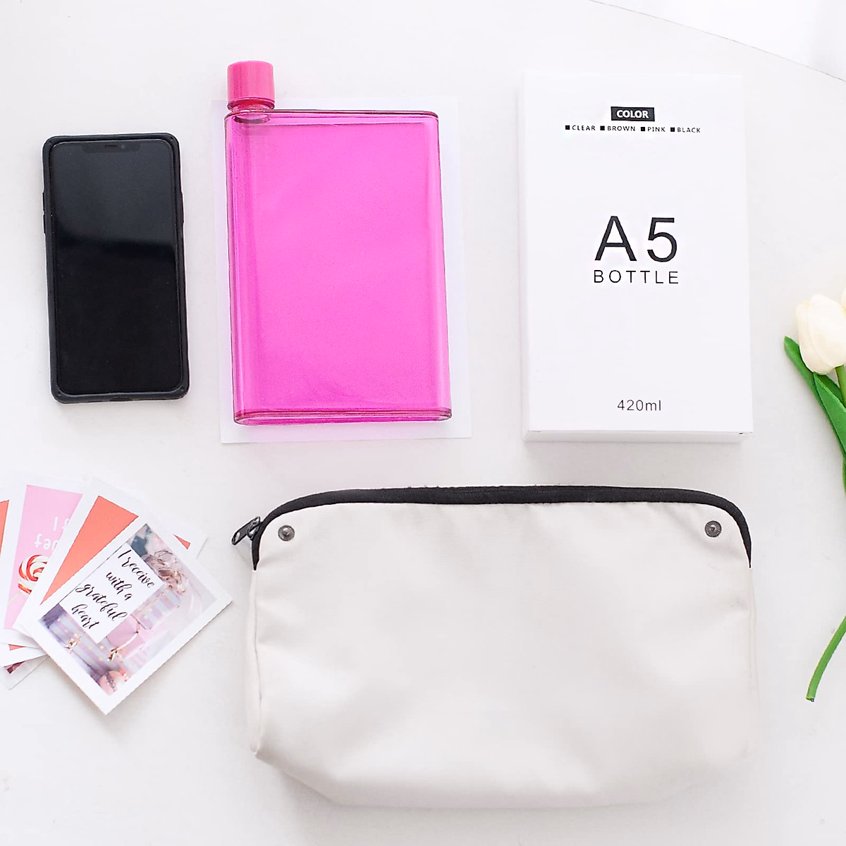 Reusable Slim Flat Water Bottle 420ml Portable - Fits in Pocket &Random Corner.Portable Cup for School,Sports, Travel, Dining Time