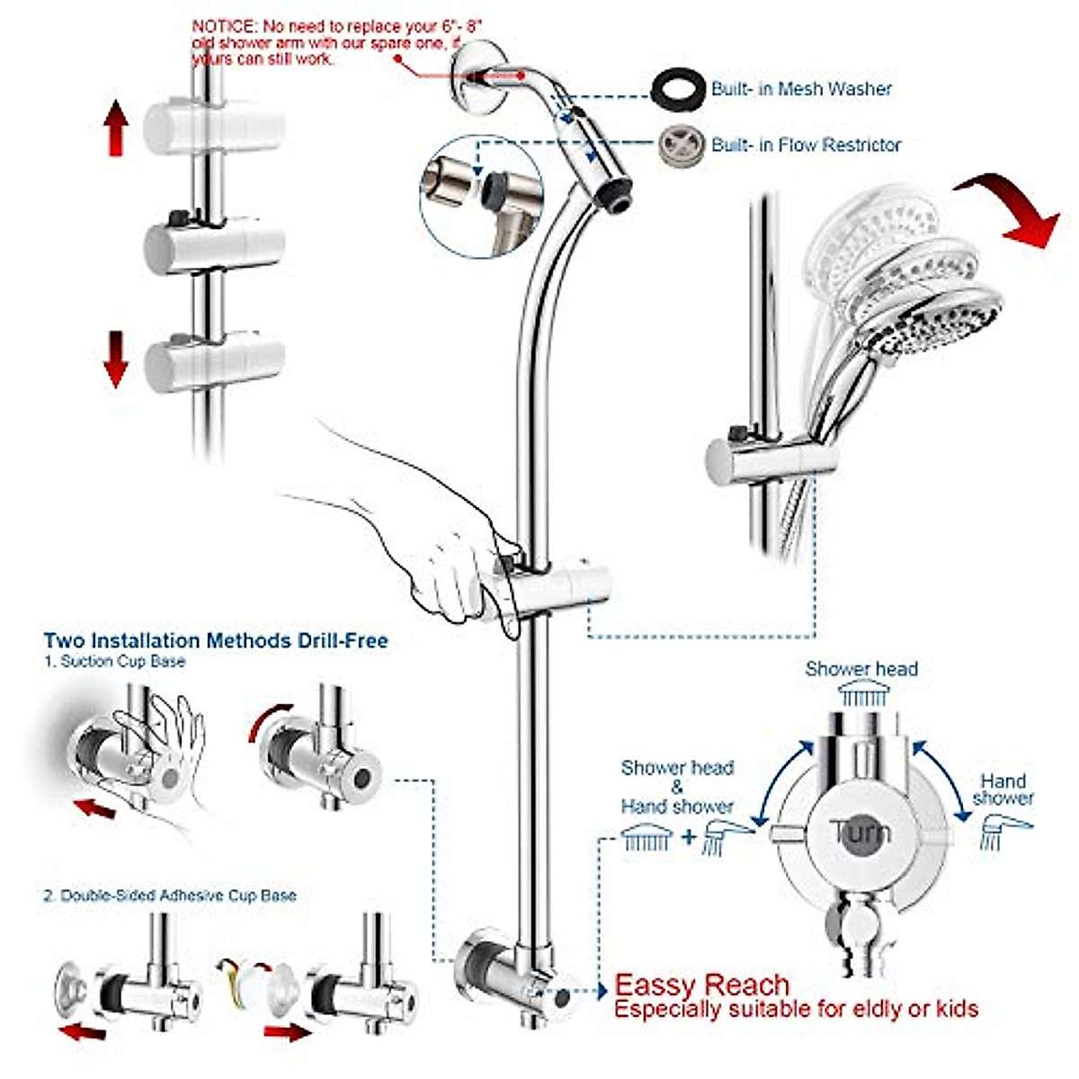 Egretshower Handheld Showerhead & Rain Shower Combo for Easy Reach, 27.5" Drill-free Stainless Steel Slide Bar, 5”of 5-setting Handheld Shower and Showerhead, with 5ft Hose - Polished Chrome