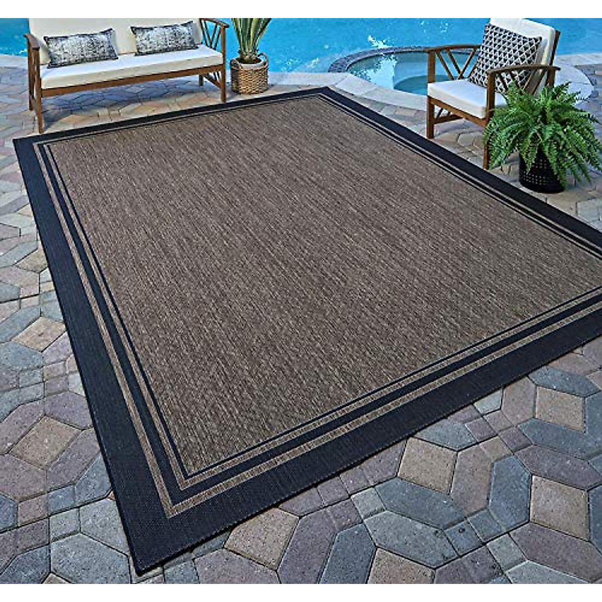 Gertmenian Indoor Outdoor Area Rug, Classic Flatweave, Washable, Stain & UV Resistant Carpet, Deck, Patio, Poolside & Mudroom, 5x7 Ft Standard, Simple Border, Black Nut Brown, 21358
