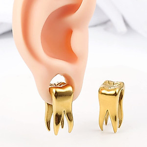 LADEMAYH 2Pcs 00 gauge Ear Weights for Stretched Ears, Cool Teeth Gold Size 00g Earrings Dangle Gauges for Women, Surgical Steel Ear Hangers Weighted Gauges for Ears