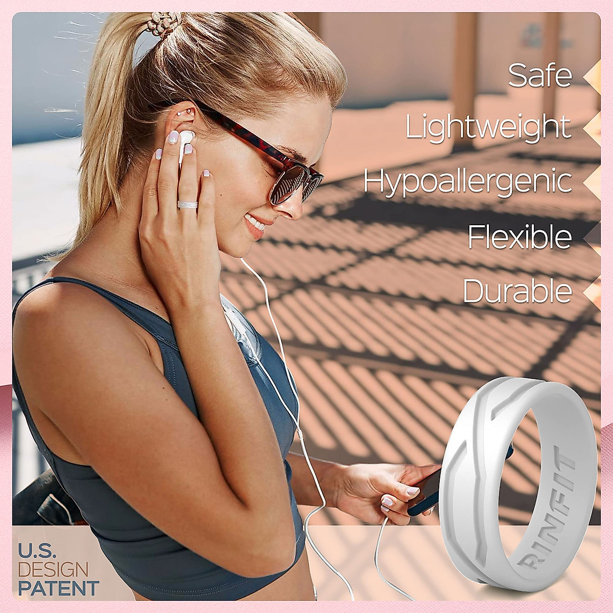 Rinfit Silicone Rings for Women - Silicone Wedding Bands Sets for Her - 4Love Collection Rubber Wedding Rings - Patented Design - SetG, Size 8