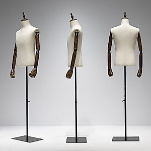 Male Mannequin Torso with Metal Stand and Wooden Arms , Dress Form Male Height Adjustable 53-76inch, Pinnable Torso Display for Clothing Retail Sewing Shop (without holders)