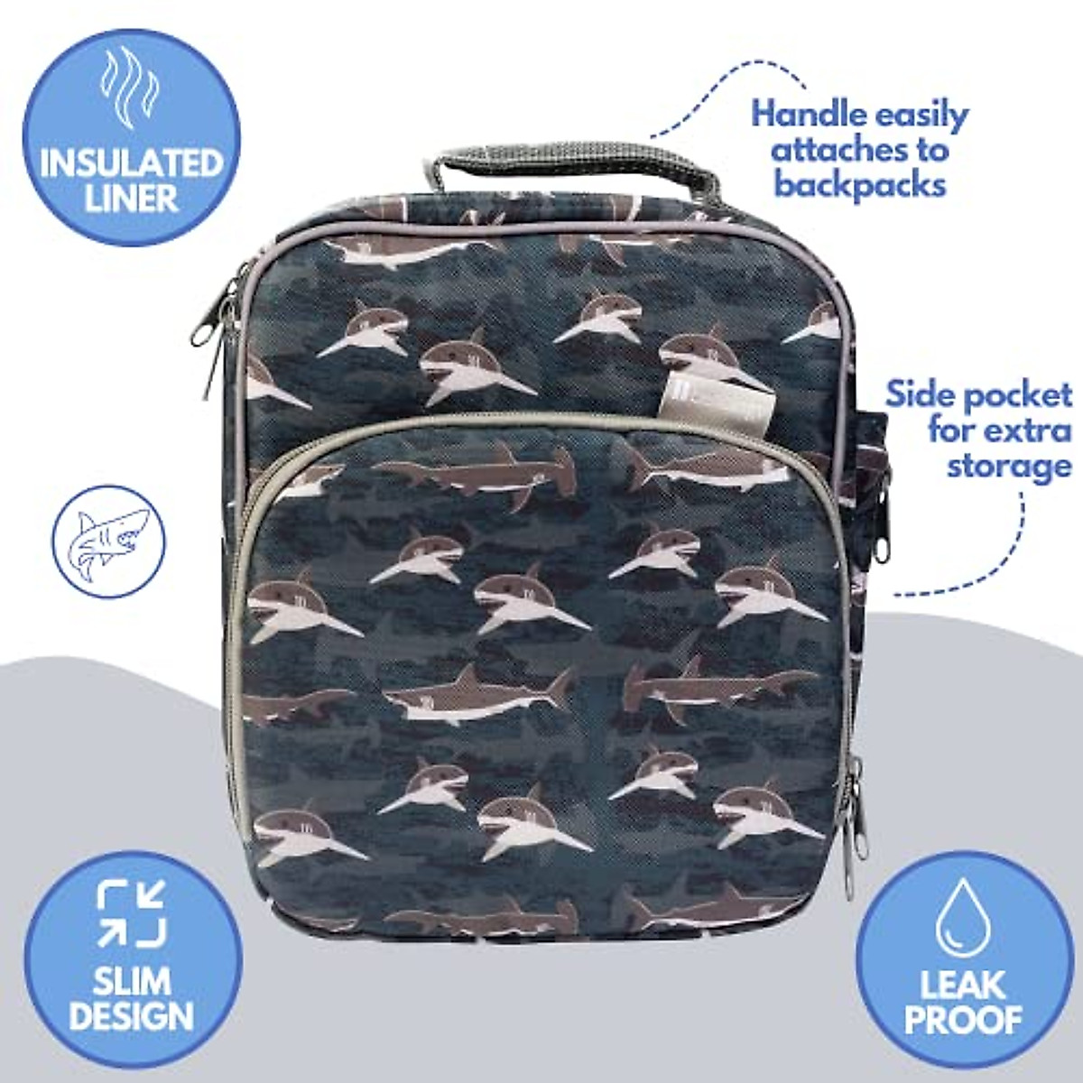 Insulated Lunch Box w Snack Pocket & Water Bottle Holder- Boys or Kids School Lunchbox Tote Keeps Food Hotter or Colder Longer- Reusable Bag Fits Most Bento Boxes Ice Packs Nesting Containers - Shark