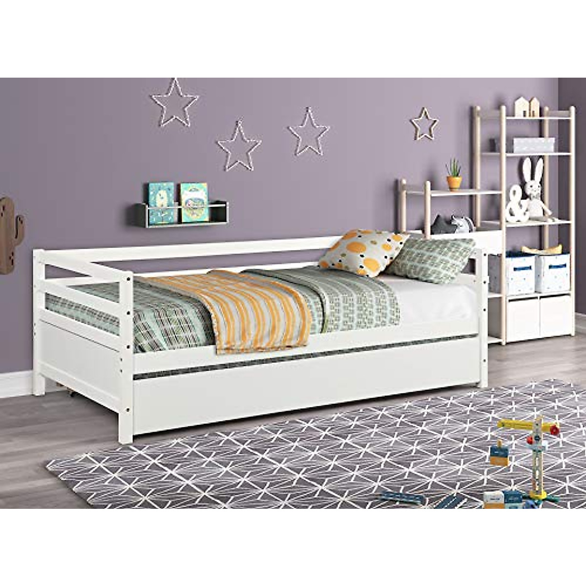 Hanway Twin Daybed with Trundle – Pine Wood Material Bed Frames – Elegant Furniture for Compact Rooms – Bedroom Accessories Ideal for Small Living Spaces – Classic White Paint Coating