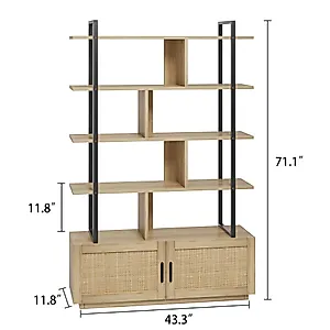 IDEALHOUSE 5 Tier Rattan Bookshelf with Storage Cabinet & Door, 71.1 Inch Tall Industrial Book Shelf with Open Display Shelves, 5 Shelf Bookcase with Metal Frame for Living Room, Bedroom -Burlywood