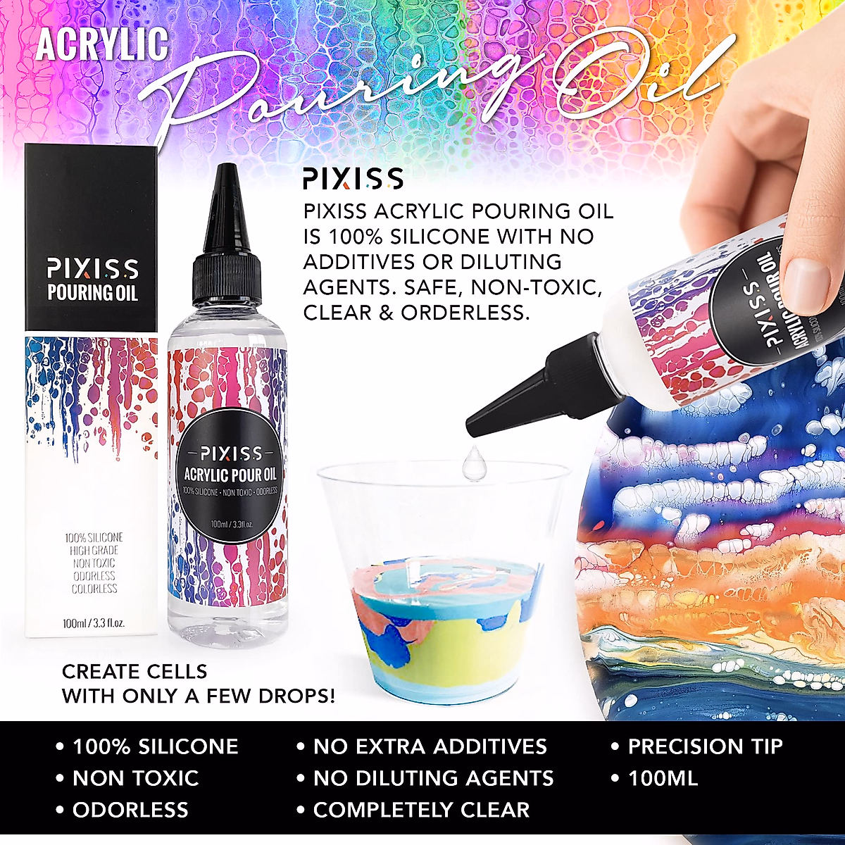 Floetrol Pouring Medium for Acrylic Paint - Flood Floetrol Additive and Pixiss Acrylic Pouring Oil - Perfect Flow 100% Pure High Grade Silicone (100ml/3.3-Ounce)