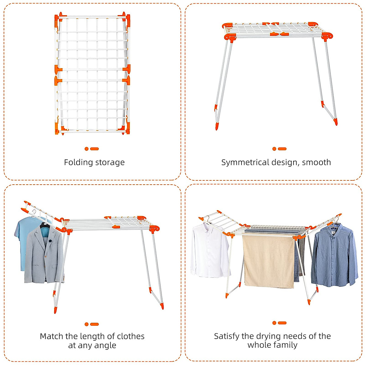 YUBELLES Clothes Drying Rack, Gullwing Laundry Rack, Collapsible, Space-Saving Laundry Rack, with Bonus Sock Clips, for Clothes, Towels, Linens, Indoor/Outdoor, Orange