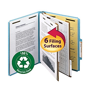 Smead 100% Recycled Pressboard Classification File Folder, 2 Dividers, 2" Expansion, Letter Size, Blue, 10 per Box (14021)