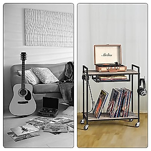 Record Player Stand, Turntable Stand with Charging Station, 3 Tier Record Player Table with 4 Quick-Release Divider, Vinyl Record Stand Storage with 4 Wheels, for Bedroom Living Room and Office, Gray